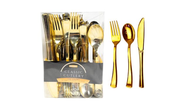 120pc Gold Plastic Fork, Spoon & Knife Combo – Simon Quan & Co. Ltd